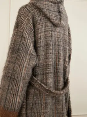 Brunello Cucinelli Belted Checked Wool-blend Coat With Integrated Scarf