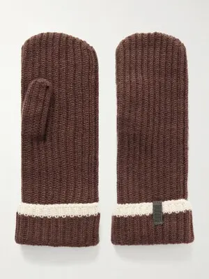 Brunello Cucinelli Bead-embellished Striped Ribbed Cashmere Mittens - Brown