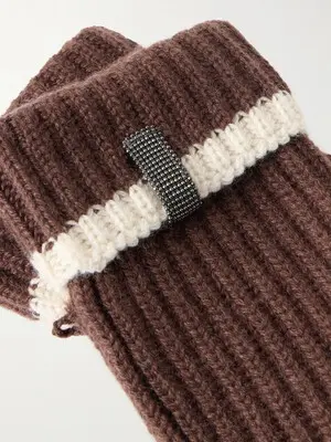 Brunello Cucinelli Bead-embellished Striped Ribbed Cashmere Mittens - Brown