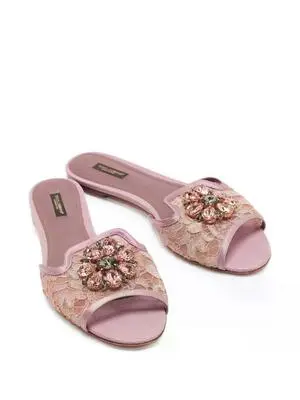 Dolce & Gabbana Lace Crystal Embellished Open Toe Flat Sandals - Pink