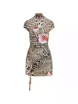 Roberto Cavalli Leopard And Floral Print High Neck Short Sleeve Dress