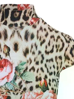 Roberto Cavalli Leopard And Floral Print High Neck Short Sleeve Dress