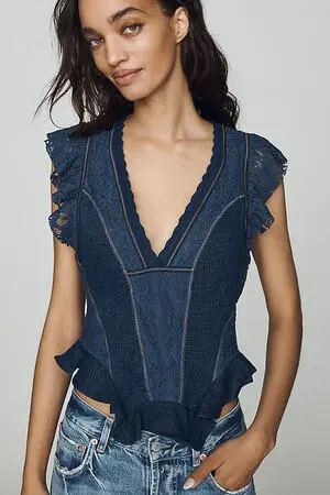 Anthropologie Lace Flutter-sleeve Top - Indigo