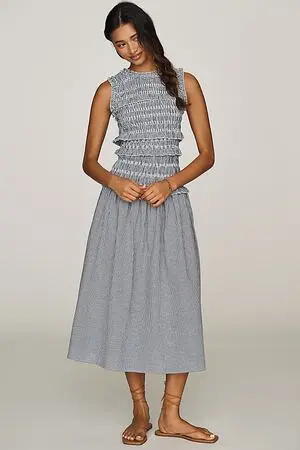 ROWING BLAZERS Cotton Smocked Midi Dress - Blue Gingham