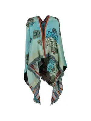 Kenzo Floral Print Fringed Poncho - Blue