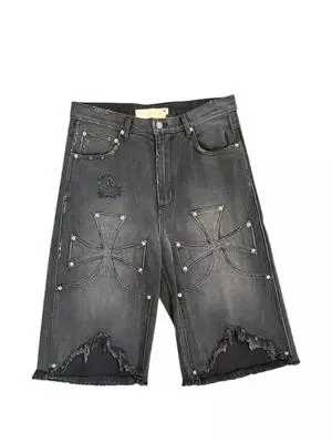 SEKRIT Distressed Denim Shorts With Cross Appliqu