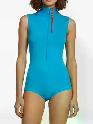 Prada Sleeveless Zip-up Swimsuit With Logo Detail