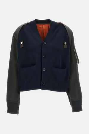 Sacai Hybrid Knit And Nylon Twill Bomber Cardigan - Blue