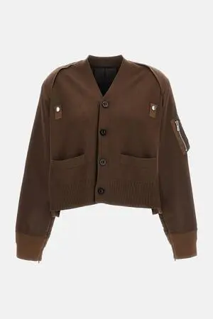 Sacai Knitted Nylon Twill Bomber Cardigan - Marrone