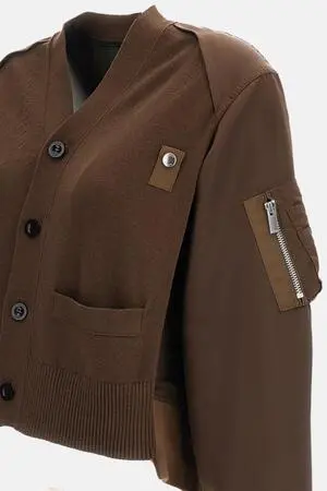 Sacai Knitted Nylon Twill Bomber Cardigan - Marrone