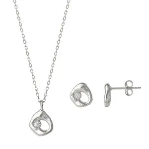 SPERO LONDON Dripping Molten Natural Textured Sterling Authentic Pendant Necklace & Earring Set - Silver