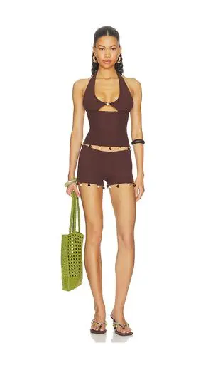 RUNAWAY THE LABEL Deep-v Halter Knit Top With Bead Trim