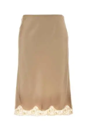Saint Laurent Satin Midi Skirt With Lace Trim - Brown