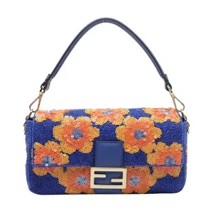Fendi Baguette Shoulder Bag With Floreal Beaded Embroidery And Sequines - Blue