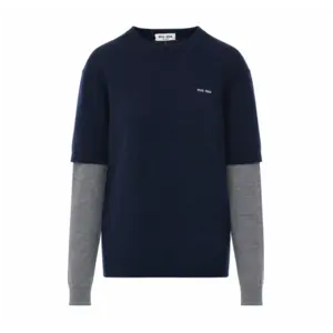 Miu Miu Logo Embroidered Striped Long Sleeve Sweater - Blue