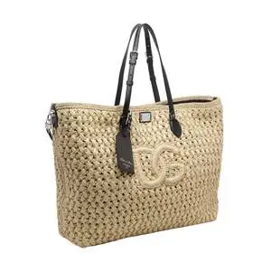 Dolce & Gabbana Raffia Shopper Bag With Leather Trim And Embossed Logo - Cream