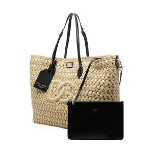 Dolce & Gabbana Raffia Shopper Bag With Leather Trim And Embossed Logo - Cream