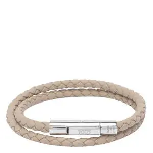 TOD'S Braided Leather Double Wrap Bracelet With Silver Tone Hardware - Cream