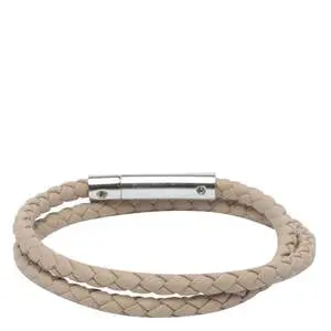 TOD'S Braided Leather Double Wrap Bracelet With Silver Tone Hardware - Cream