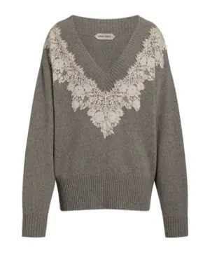 Alberta Ferretti Cashmere V-neck Sweater With Lace Insert