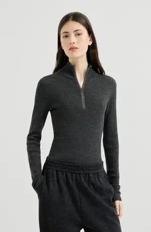 Brunello Cucinelli Virgin Wool And Cashmere Lightweight Ribbed Turtleneck Sweater With Precious Half Zip - Anthracite