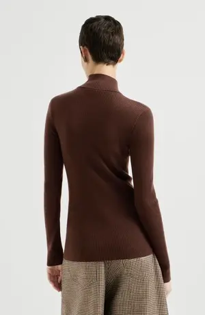 Brunello Cucinelli Virgin Wool And Cashmere Ribbed Turtleneck Sweater With Precious Half Zip - Brown