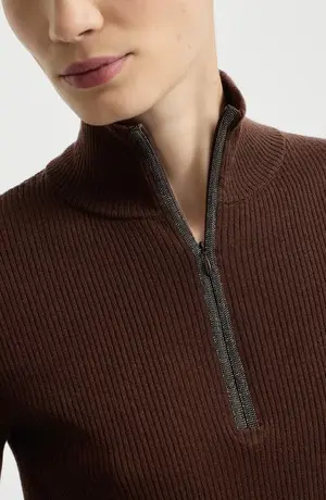 Brunello Cucinelli Virgin Wool And Cashmere Ribbed Turtleneck Sweater With Precious Half Zip - Brown
