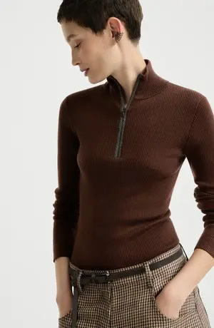 Brunello Cucinelli Virgin Wool And Cashmere Ribbed Turtleneck Sweater With Precious Half Zip - Brown