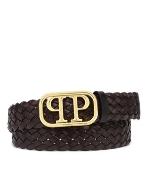 Philipp Plein Braided Leather Belt With Gold Tone Logo Buckle