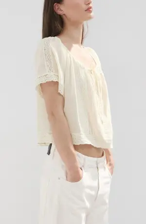 Mango Pintuck Lace Trim Cotton Shirt - Ecru