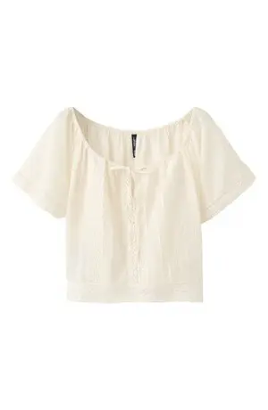 Mango Pintuck Lace Trim Cotton Shirt
