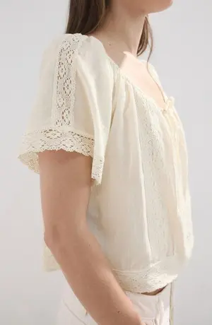 Mango Pintuck Lace Trim Cotton Shirt