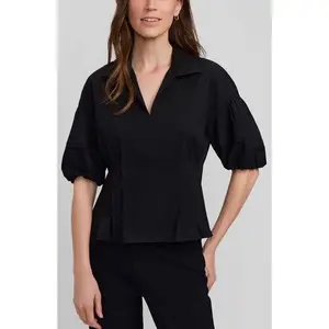 Foxcroft Lucia Puff Sleeve Popover Shirt - Black