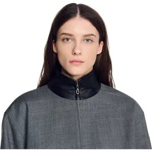 Sandro Oversized Leather-collar Jacket - Grey