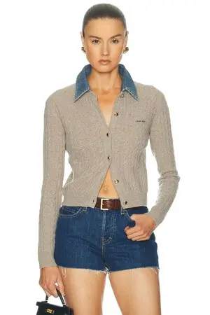 Miu Miu Wool Cashmere Cardigan With Detachable Denim Collar