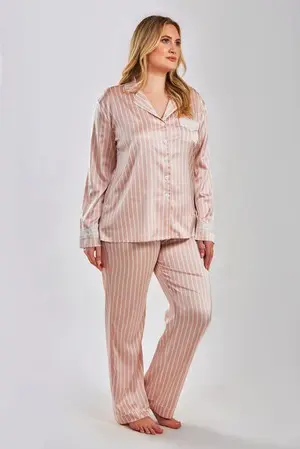 ICOLLECTION Stretch Satin Button-down Pant Set With Lace Trim