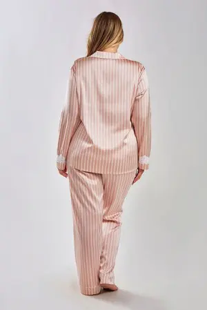 ICOLLECTION Stretch Satin Button-down Pant Set With Lace Trim