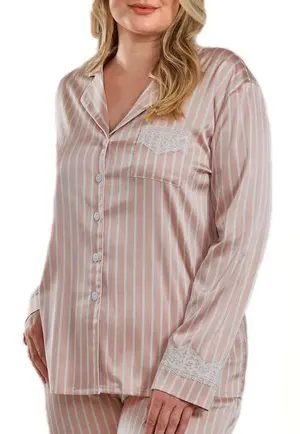 ICOLLECTION Stretch Satin Button-down Pant Set With Lace Trim