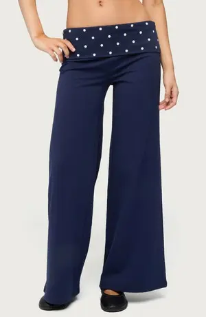 EDIKTED Reeva Polka Dot Foldover Wide Leg Pants - Navy