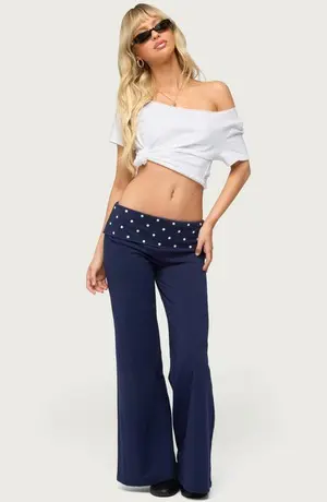 EDIKTED Reeva Polka Dot Foldover Wide Leg Pants