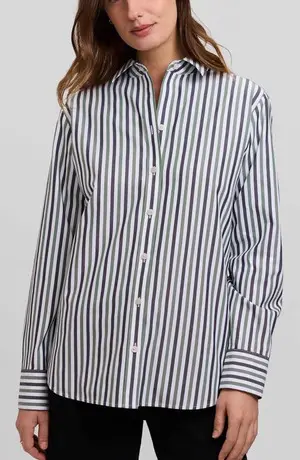 Foxcroft Meghan Stripe Cotton Button-up Shirt - Olive Green/multi