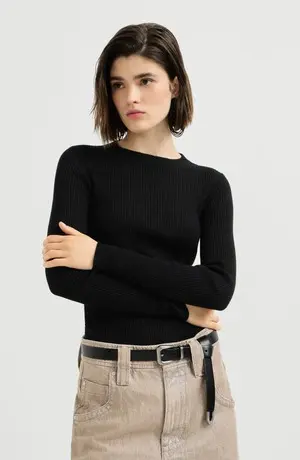 Brunello Cucinelli Sparkling Cashmere And Silk Rib Knit Lightweight Sweater - Black