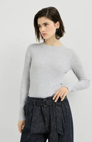 Brunello Cucinelli Sparkling Cashmere And Silk Rib Knit Lightweight Sweater - Light Grey