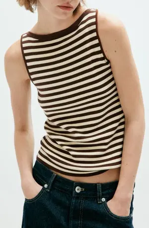 Mango Fine-knit Boat Neck Sleeveless Top - Coffee