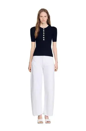 Sandro Sweater With Ribbed Button Placket - Black