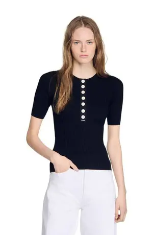Sandro Ribbed Knit Sweater With Button Placket - Black
