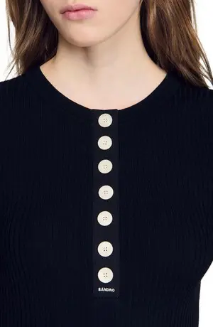 Sandro Ribbed Knit Sweater With Button Placket - Black