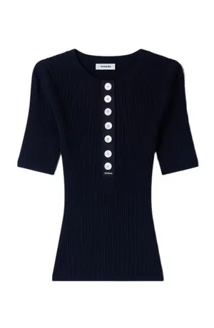 Sandro Ribbed Knit Sweater With Button Placket - Black