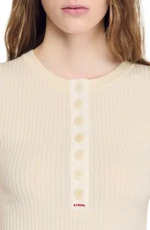 Sandro Sweater With Ribbed Button Placket - Ecru