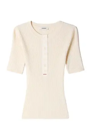 Sandro Sweater With Ribbed Button Placket - Ecru